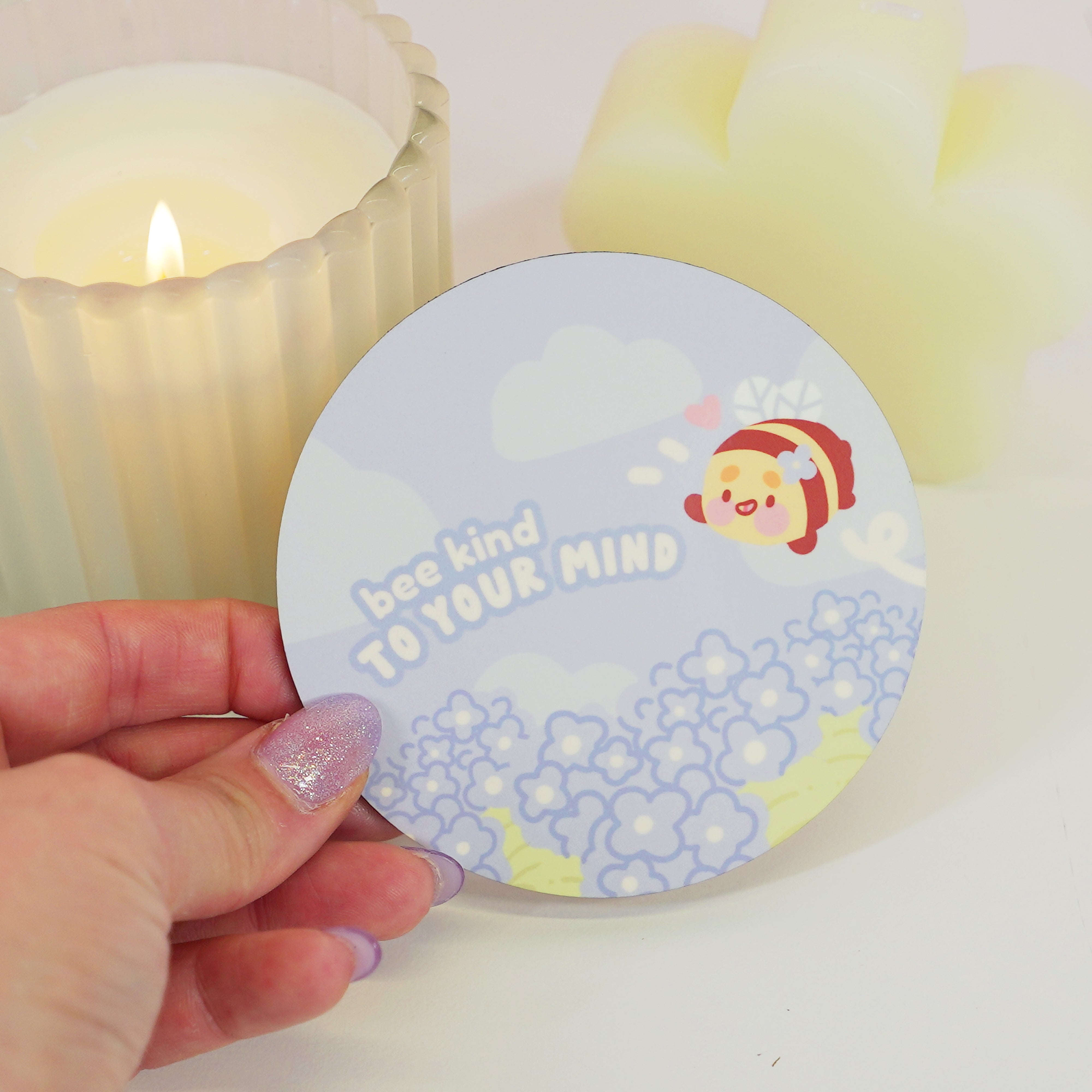 Bumblebutt & Blue Hydrangeas Coaster | Bee Kind to Your Mind Quote | C – Katnipp Studios