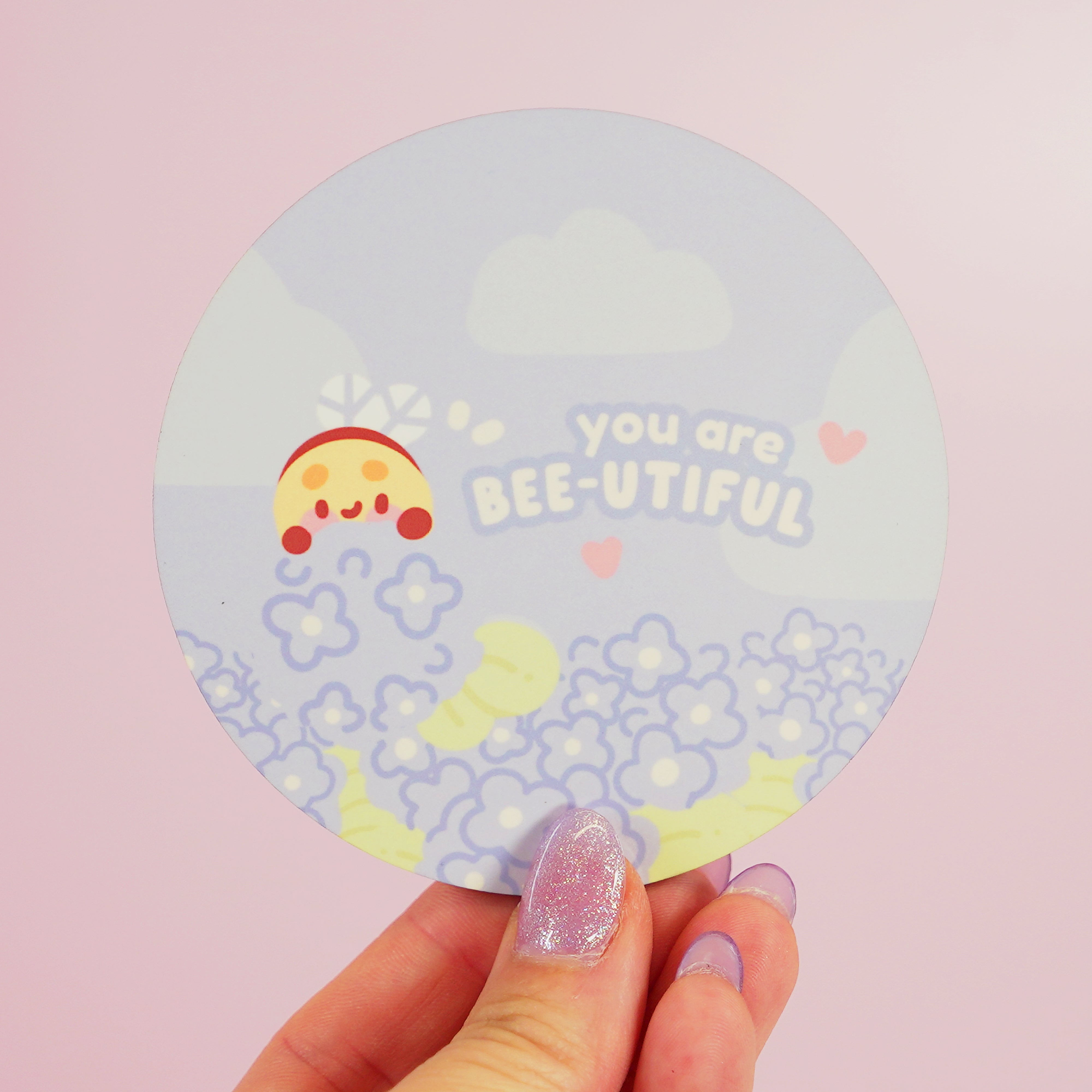 Blue Hydrangea "You Are Bee-utiful" Kawaii Coaster | Floral & Bumblebe – Katnipp Studios